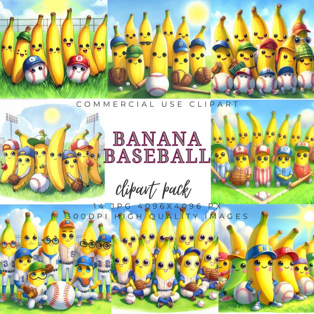Kawaii Banana Baseball Clipart: Funny Fruit Team JPG - Etsy