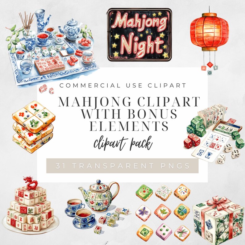 Watercolor Mahjong Clipart Bundle: Chinese Tile Game PNG (digital ...