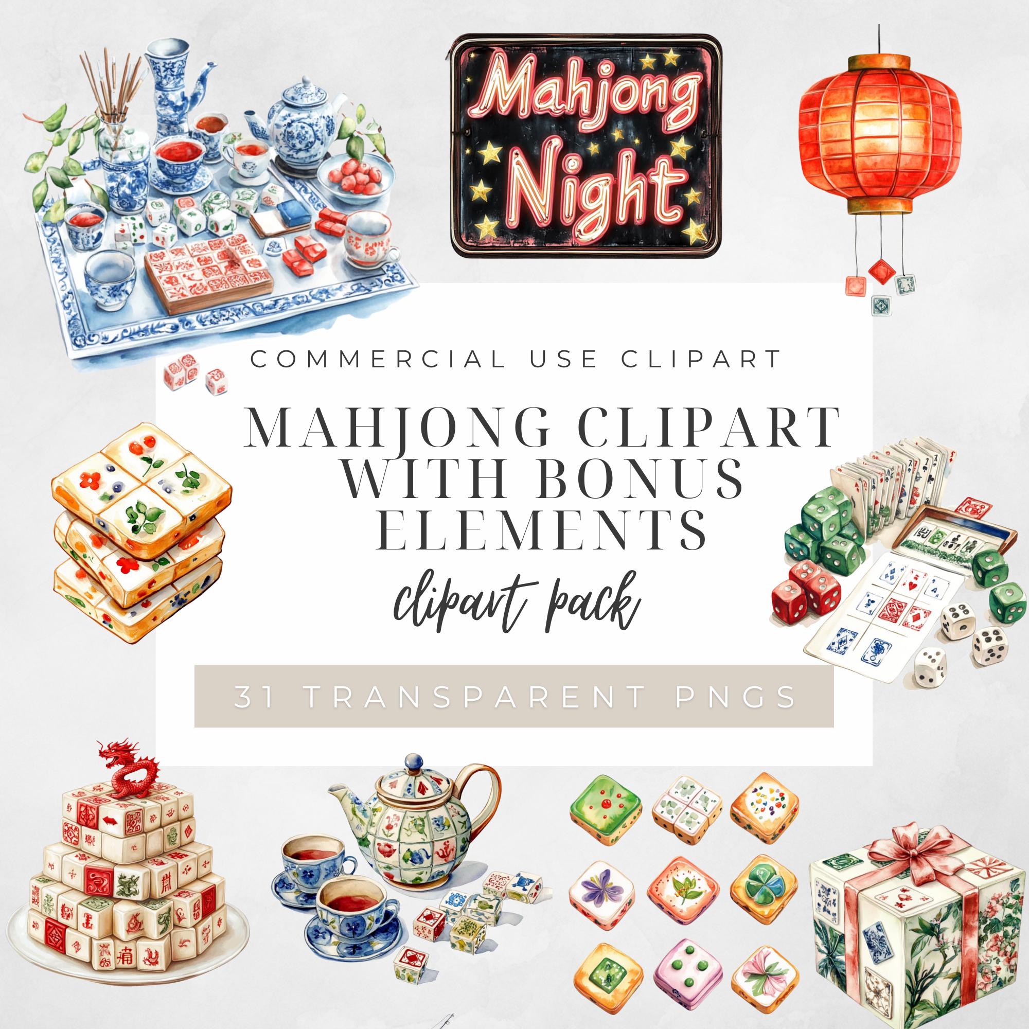 Watercolor Mahjong Clipart Bundle: Chinese Tile Game PNG (digital ...