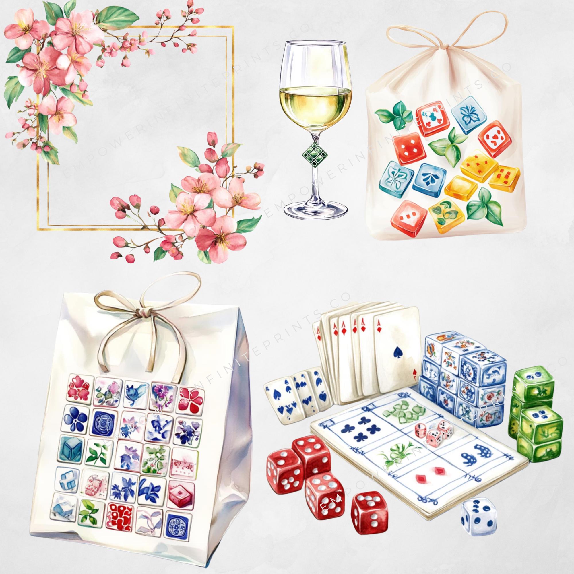 Watercolor Mahjong Clipart Bundle: Chinese Tile Game PNG (digital ...