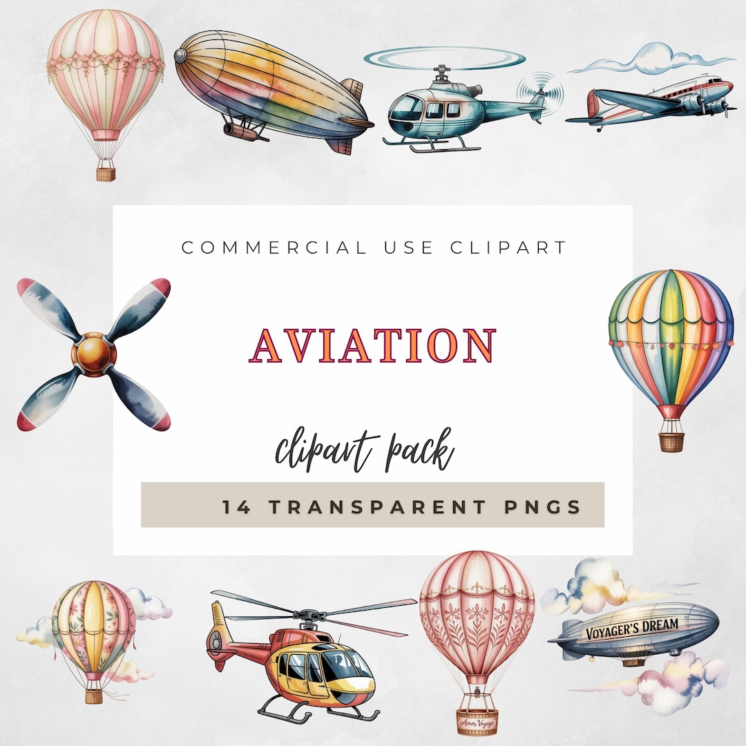 Watercolor Aviation Clipart: Vintage Planes, Hot Air Balloon PNG ...