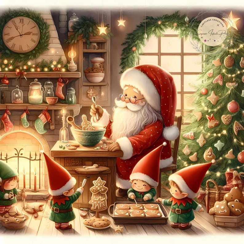 Santa’s Baking Treats Clipart – Cute Christmas Santa Claus and Elves ...