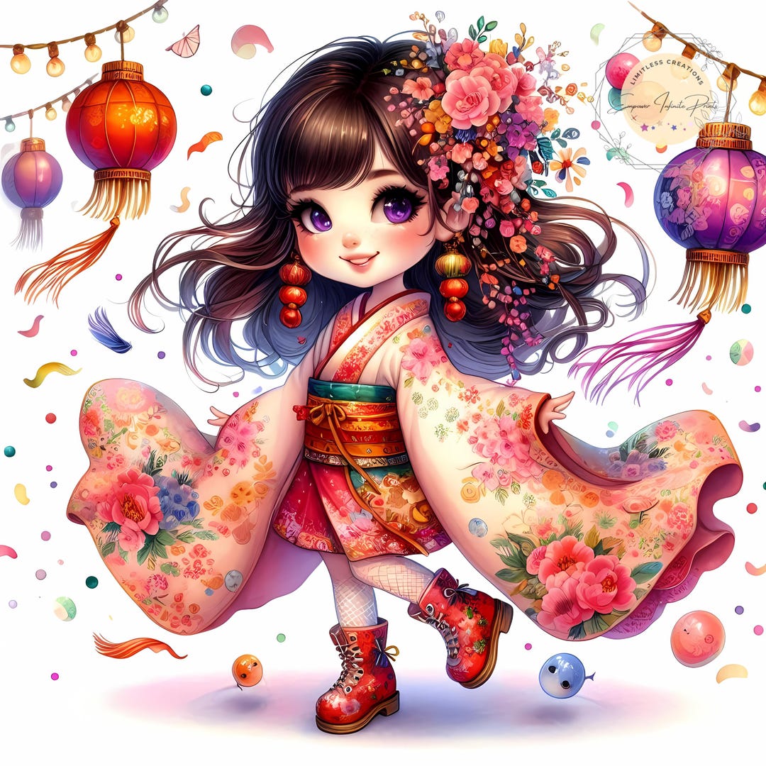 Chibi Girl in Floral Kimono Clipart With Lanterns and Flowers | Cute ...