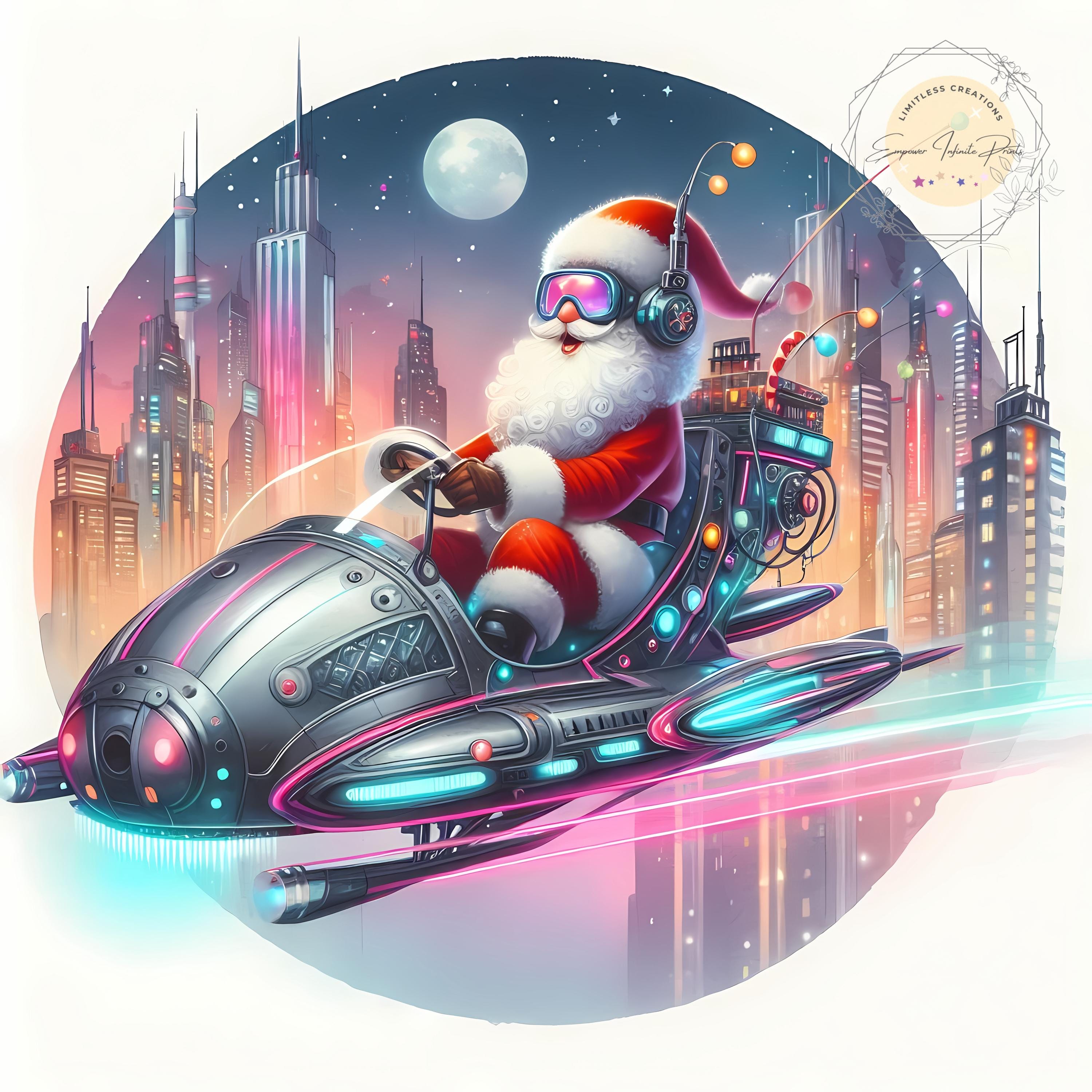 Santa’s Retro Future Delivery System Clipart | Futuristic Santa Claus ...