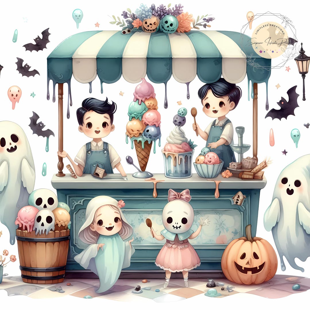 Spooky Ice Cream Social Meltdown Clipart | Cute Ghost Halloween Ice ...