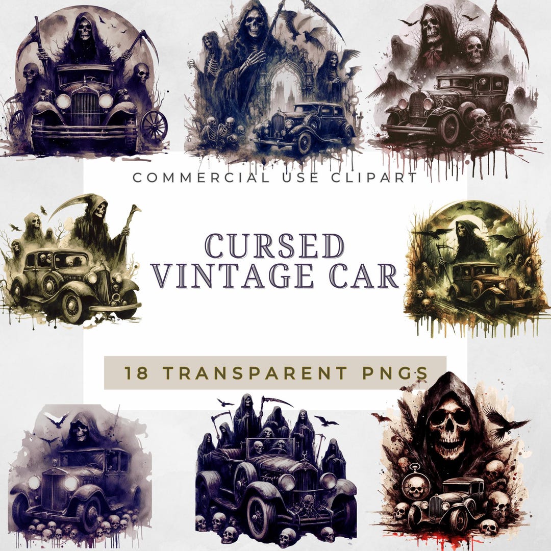 Cursed Vintage Car Clipart: Grim Reaper, Ghosts, Halloween Horror (PNG ...