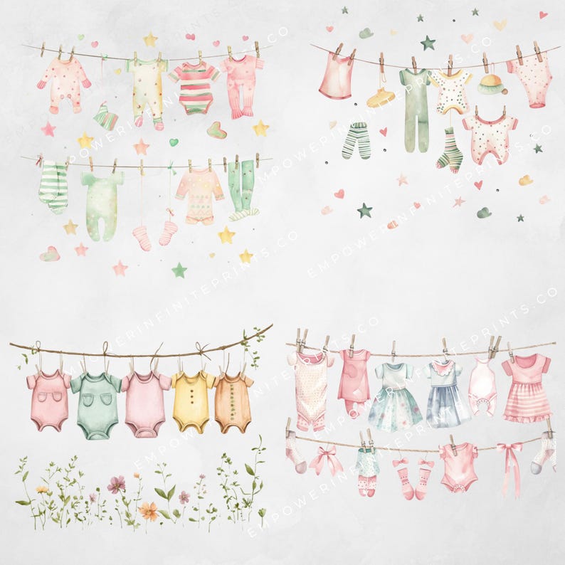 Watercolor Baby Girl Clothesline Clipart: Nursery Decor (digital ...