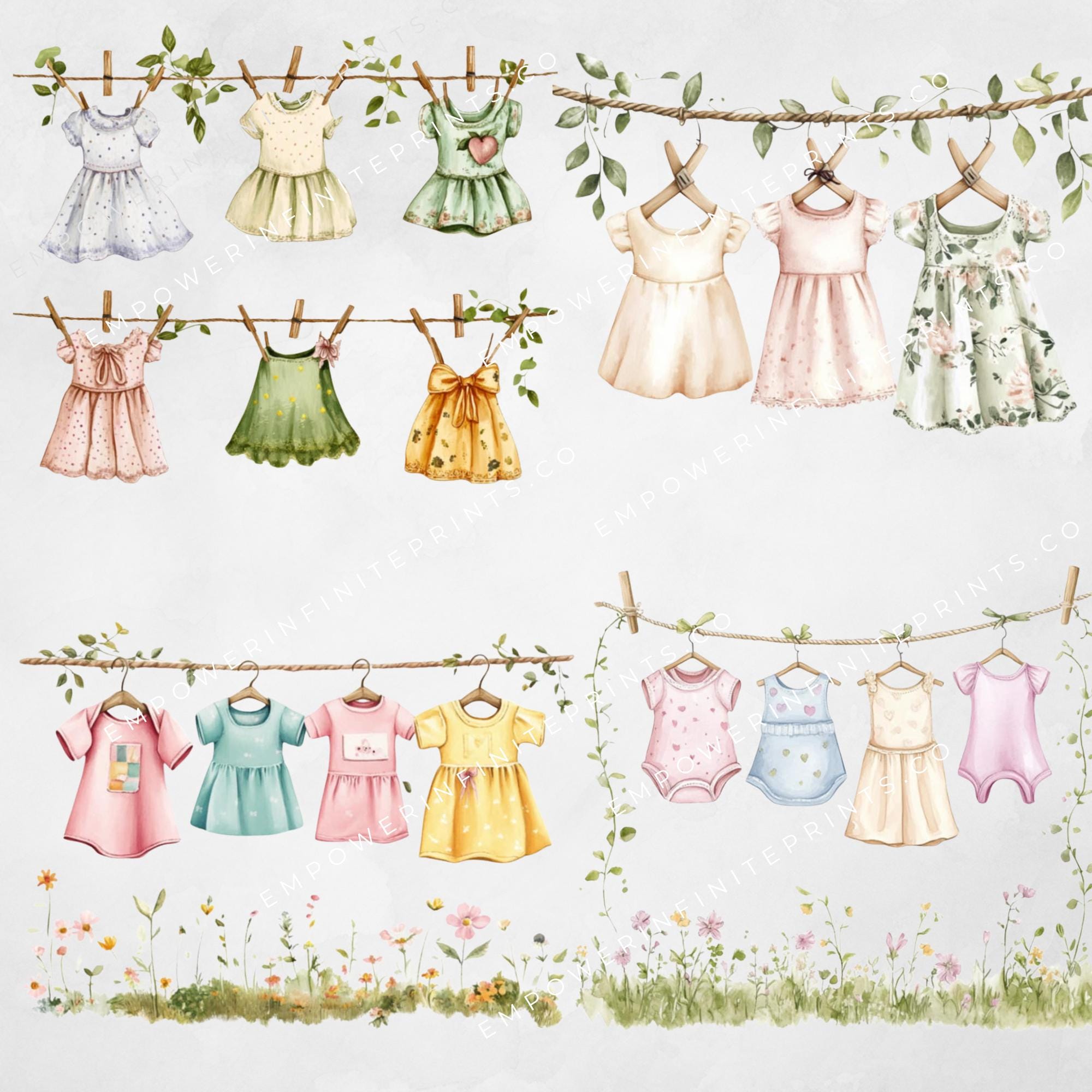 Watercolor Baby Girl Clothesline Clipart: Nursery Decor (digital ...