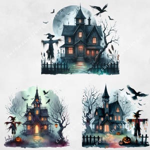 Watercolor Halloween Clipart Set: Spooky Haunted House, Graveyard (PNG ...