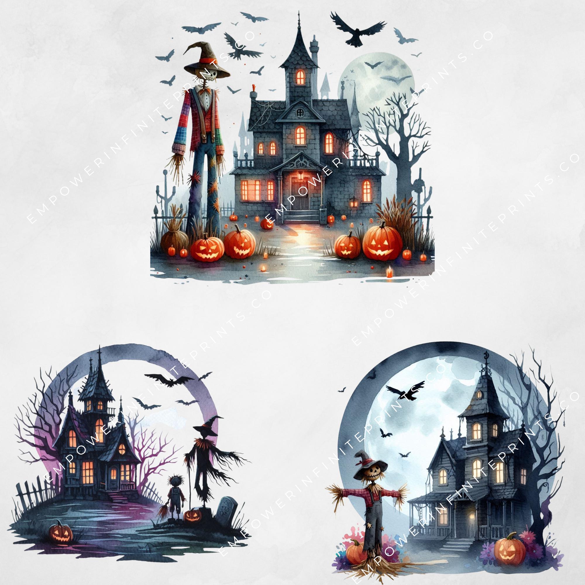 Watercolor Halloween Clipart Set: Spooky Haunted House, Graveyard (PNG ...