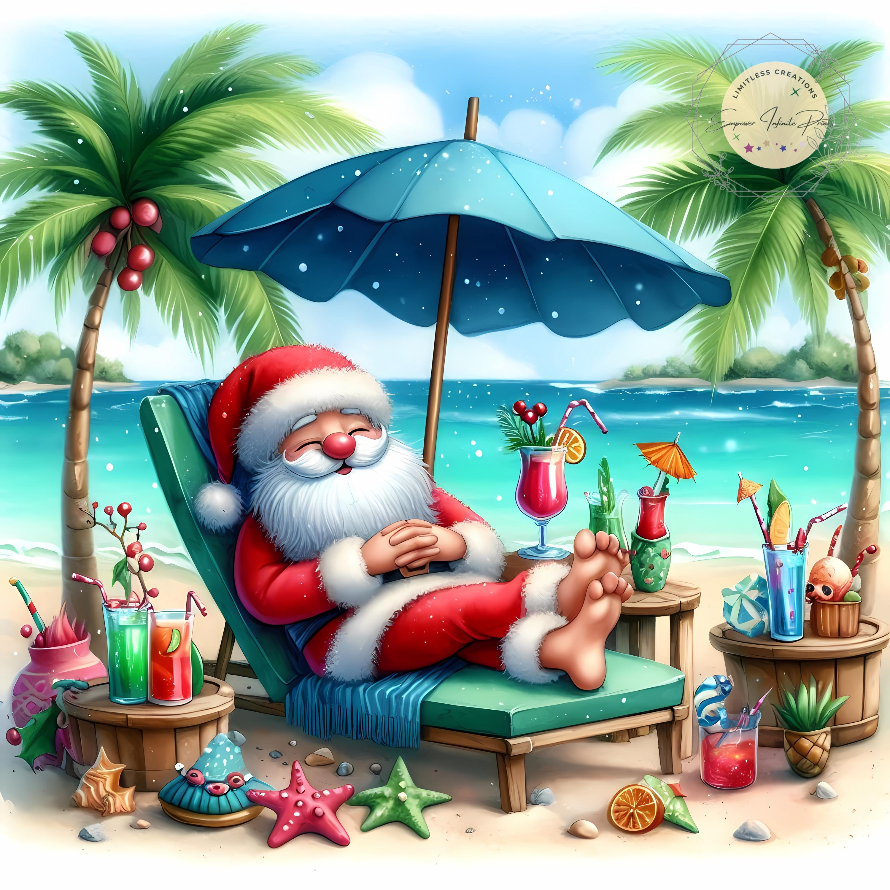 Santa’s Tropical Holiday Beach Getaway Clipart | Relaxing Santa Claus ...