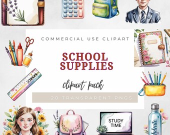 Watercolor School Clipart: Back to School PNG Set (digital Download) - Etsy