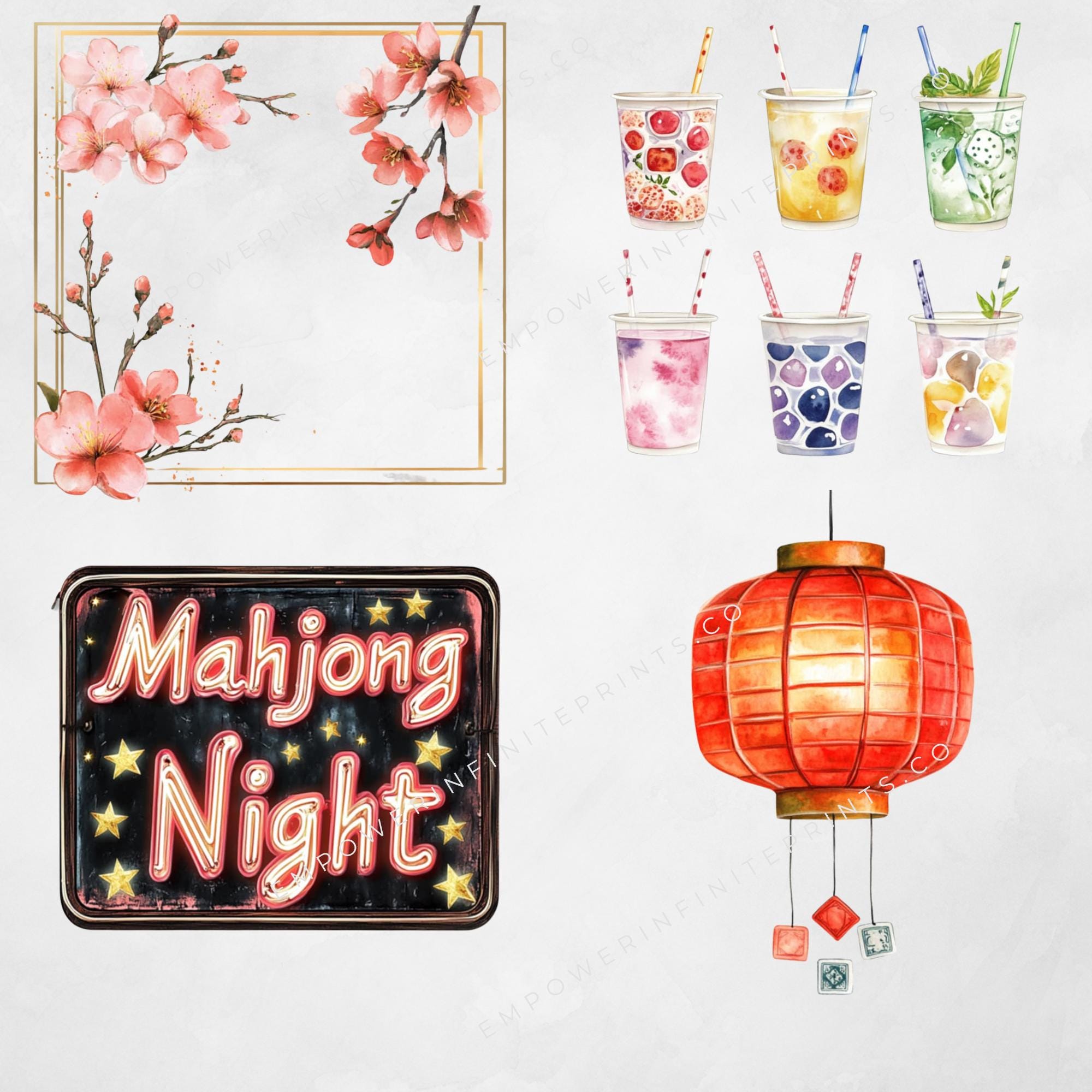Watercolor Mahjong Clipart Bundle: Chinese Tile Game PNG (digital ...