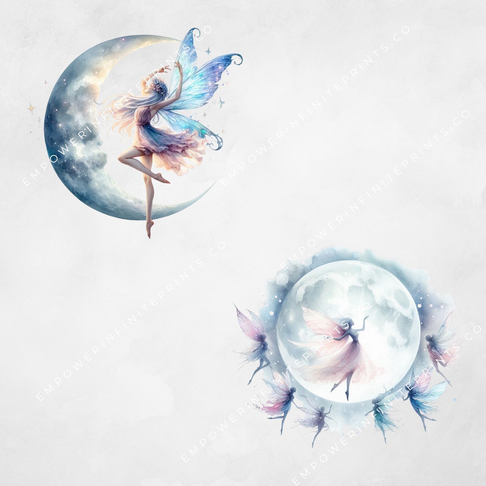 Whimsical Fairy and Moon Clipart | Watercolor Fantasy Art PNG ...