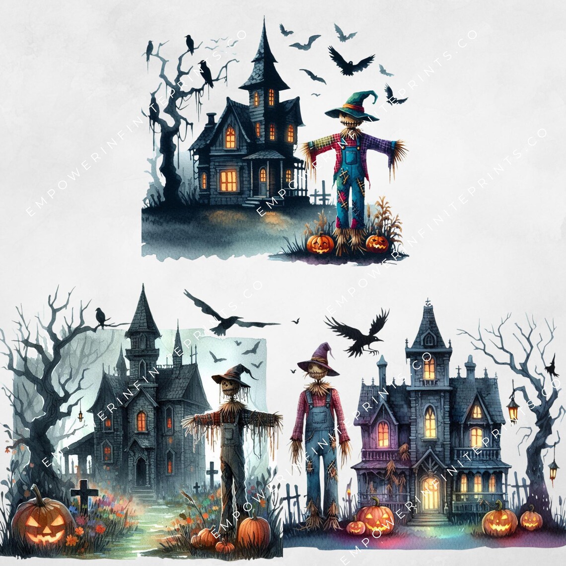 Watercolor Halloween Clipart Set: Spooky Haunted House, Graveyard (PNG ...