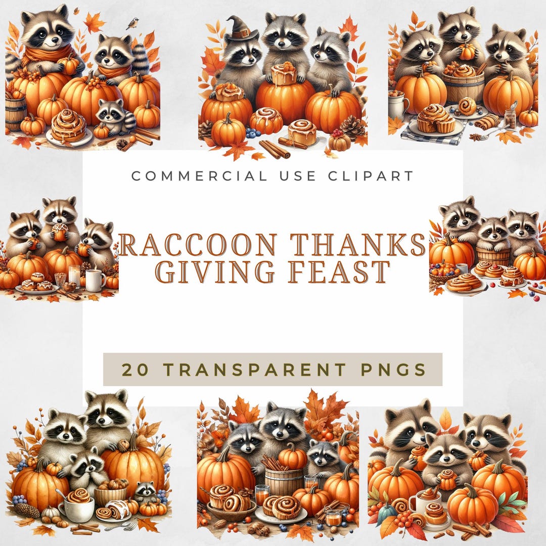 Thanksgiving Raccoon Family Clipart: Fall Harvest Watercolor PNG ...