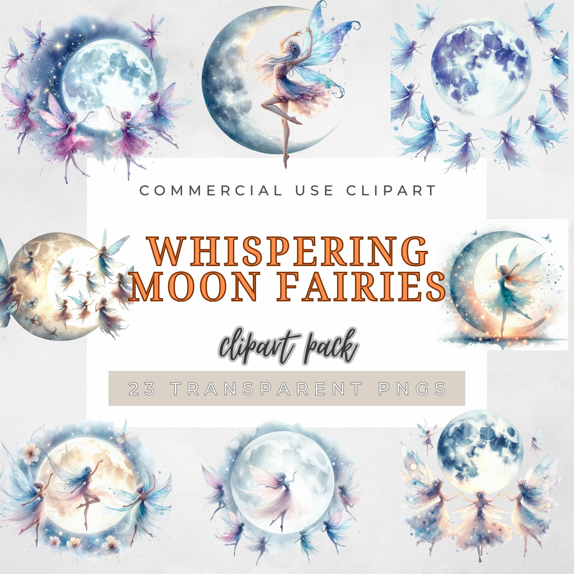 Whimsical Fairy and Moon Clipart | Watercolor Fantasy Art PNG ...