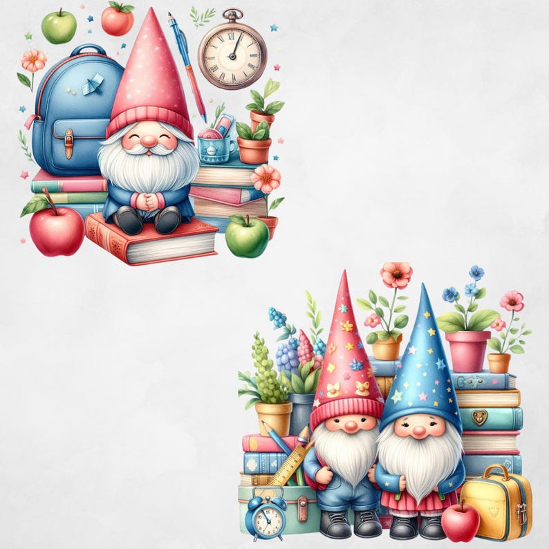 Back to School Gnome Clipart PNG| Watercolor School Gnome Bundle ...