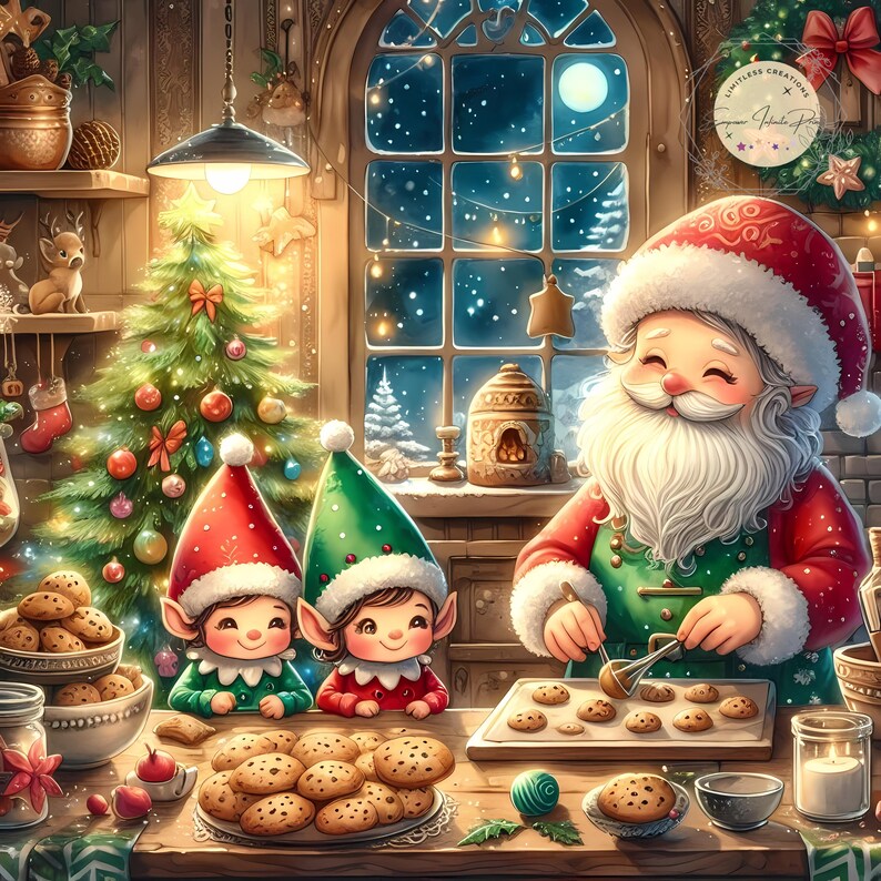 Santa’s Baking Treats Clipart – Cute Christmas Santa Claus and Elves ...
