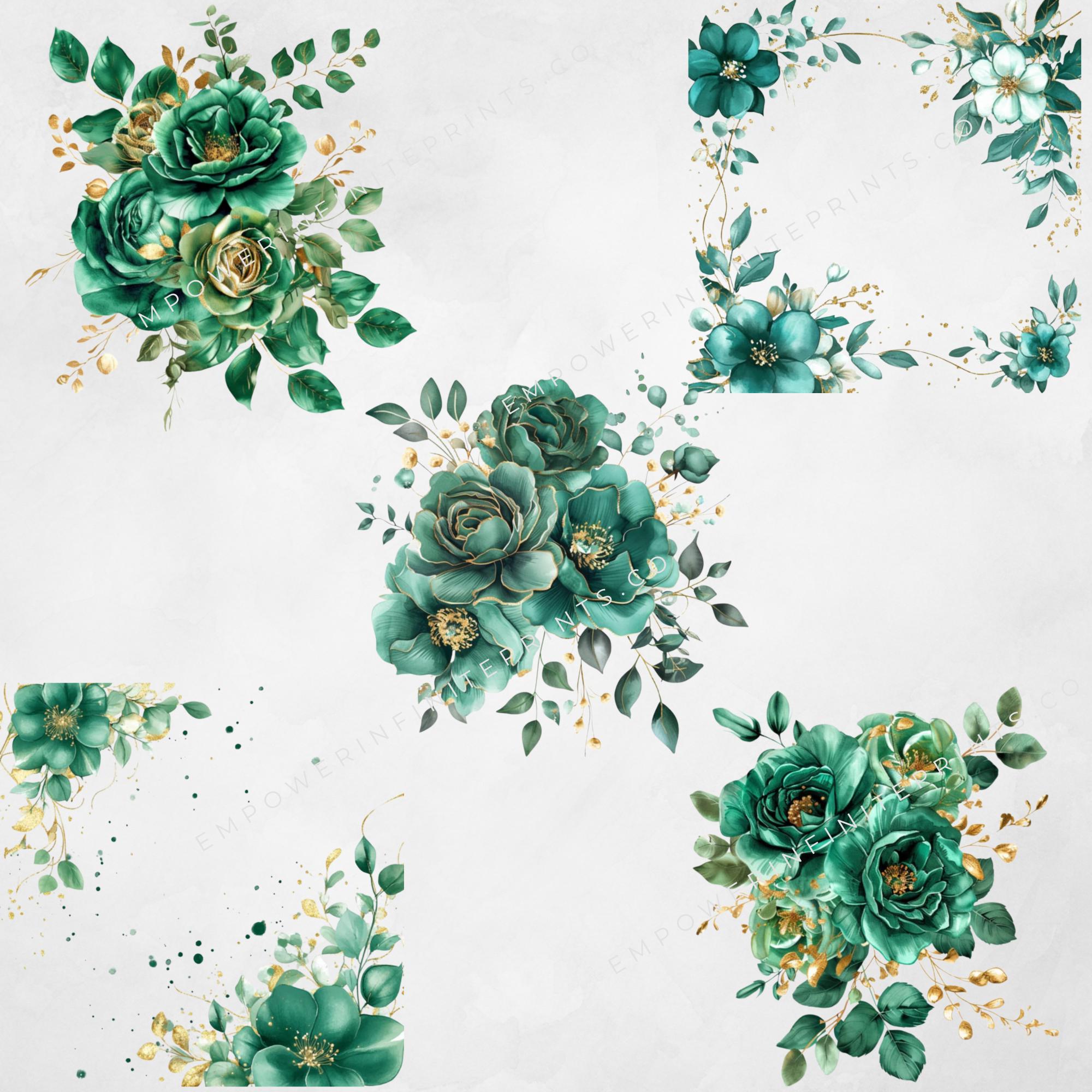 Emerald Green & Gold Floral Clipart: Watercolor Bouquet PNG (digital ...