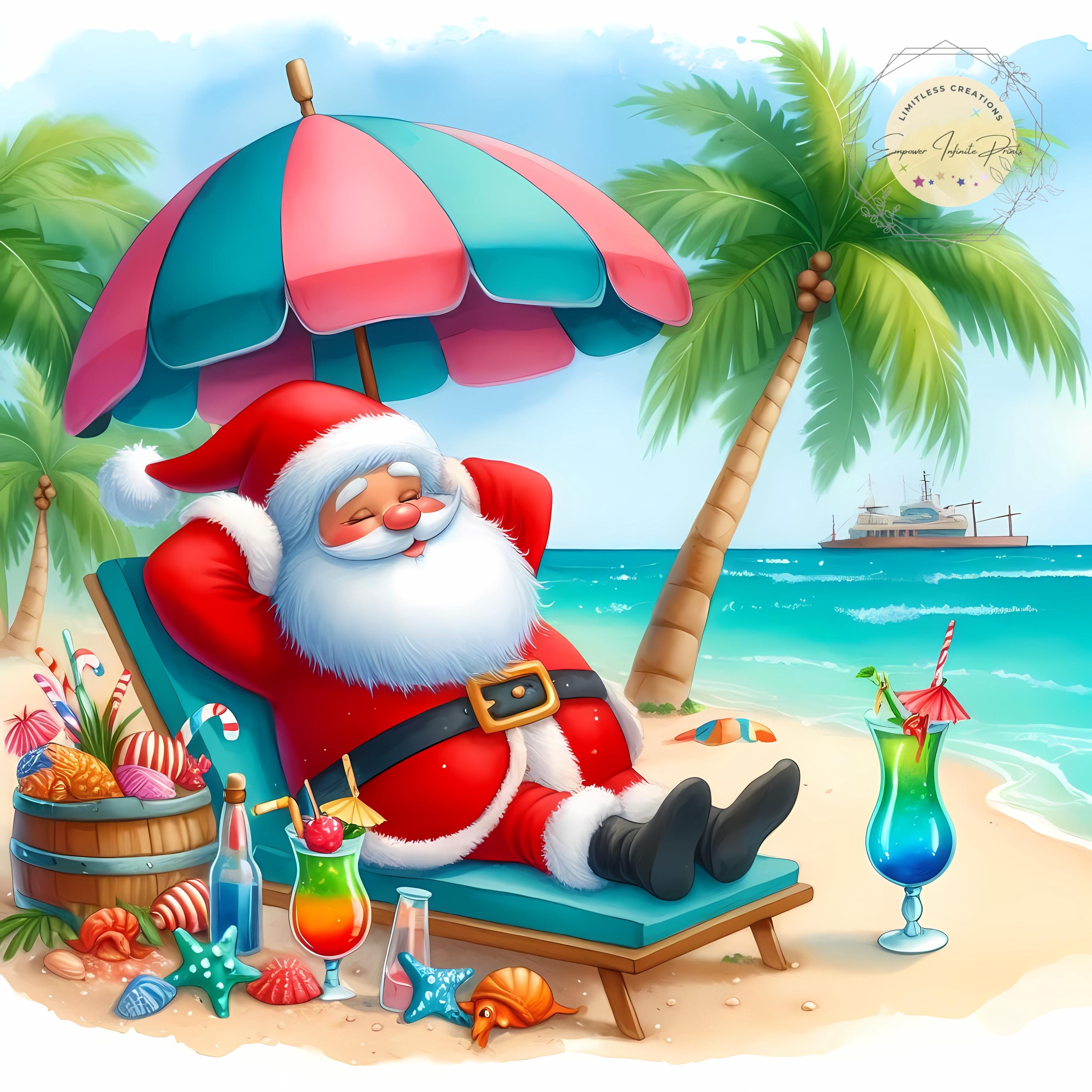 Santa’s Tropical Holiday Beach Getaway Clipart | Relaxing Santa Claus ...