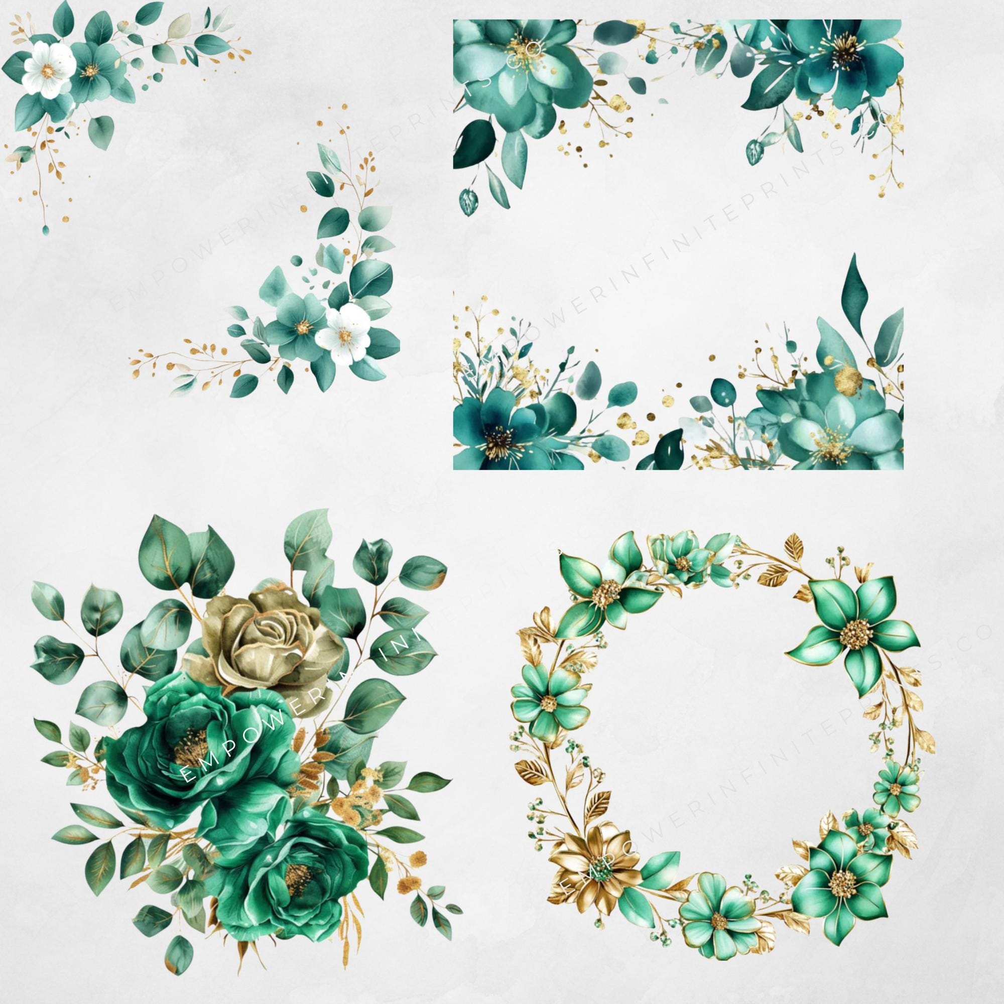 Emerald Green & Gold Floral Clipart: Watercolor Bouquet PNG (digital ...
