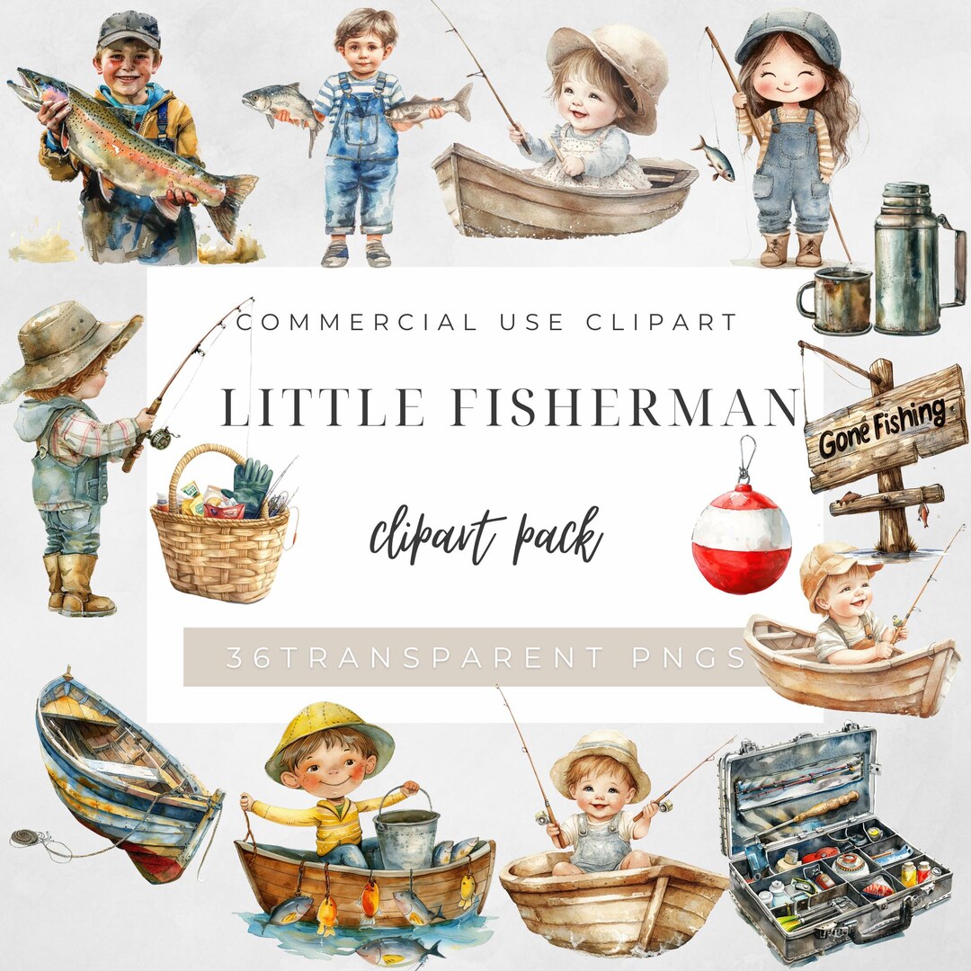 Watercolor Fishing Clipart: Kids, Boats, Fish (PNG Digital Download) - Etsy