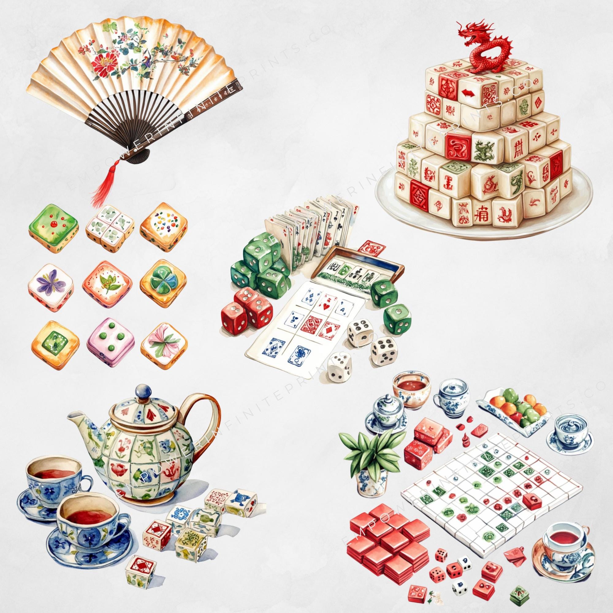 Watercolor Mahjong Clipart Bundle: Chinese Tile Game PNG (digital ...
