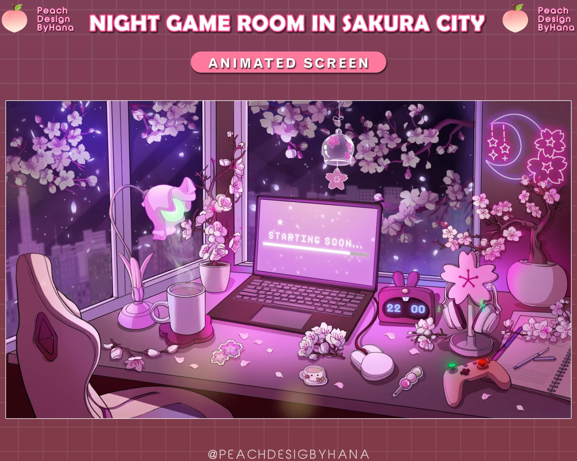 Animated Twitch Screen Lo-fi Night Gaming Room - Cherry Blossom Stream ...