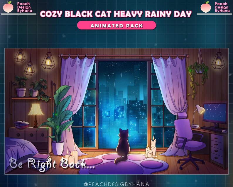 Cat Stream Animation Overlay - Kitty Twitch Pack Heavy Rainy Game Room ...