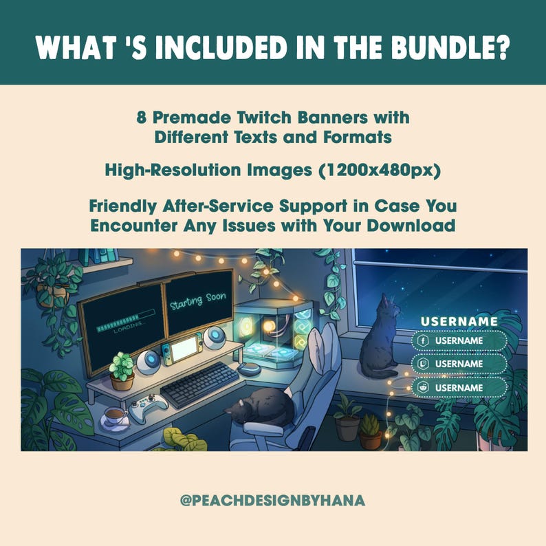 Twitch Banner Template | Lo-fi Gaming Room With Greenery & Black Cats ...