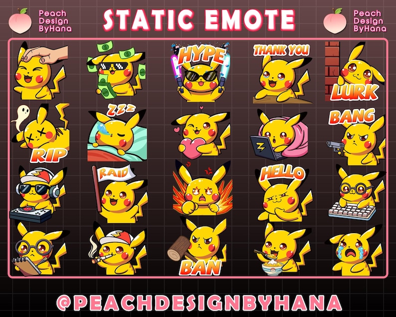 Pikachu Twitch Emote Pack | Cute Pokémon Static Emotes for Streamer ...
