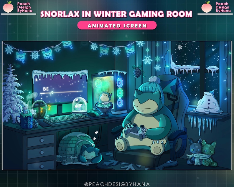 Animated Twitch Stream Screen: Lo-fi Snorlax in Winter Gaming Room - Etsy