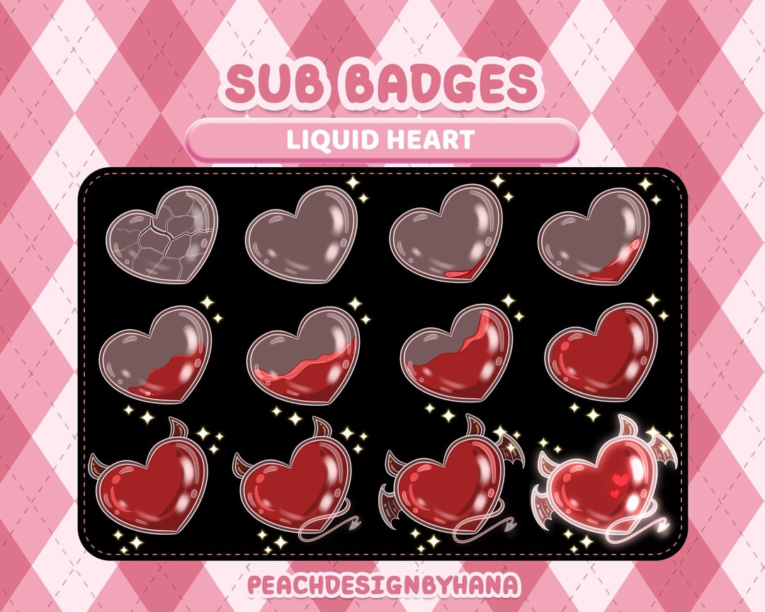 12 Valentine Liquid Heart Sub Badges | Glossy Bit Badges for Twitch ...