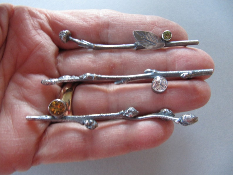 Twig and Gemstone Pins in Sterling Silver - Etsy
