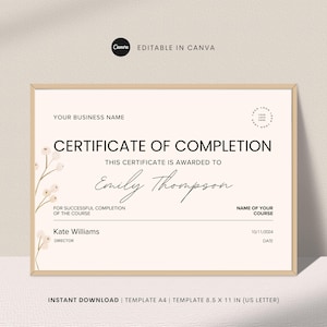 Printable Course Completion Certificate: Editable Canva Template ...