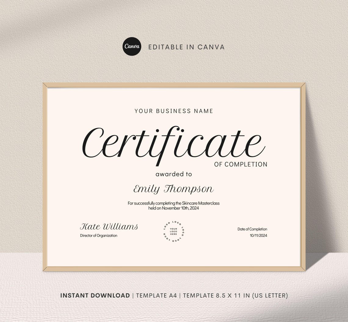 Certificate of Completion Template, Printable Course Certificate of ...