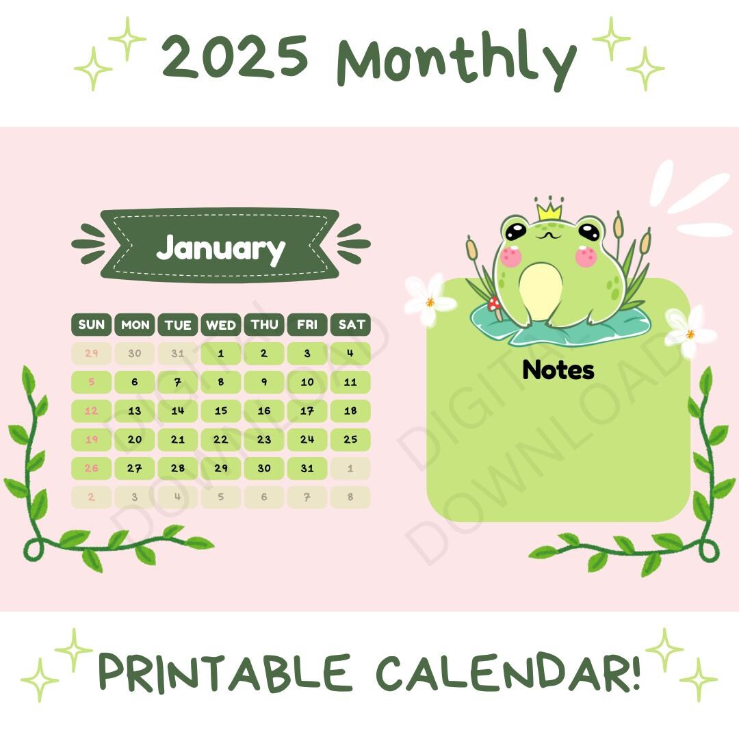 Cute Frog Open Printable Calendar, Digital Download Calendar, Instant ...