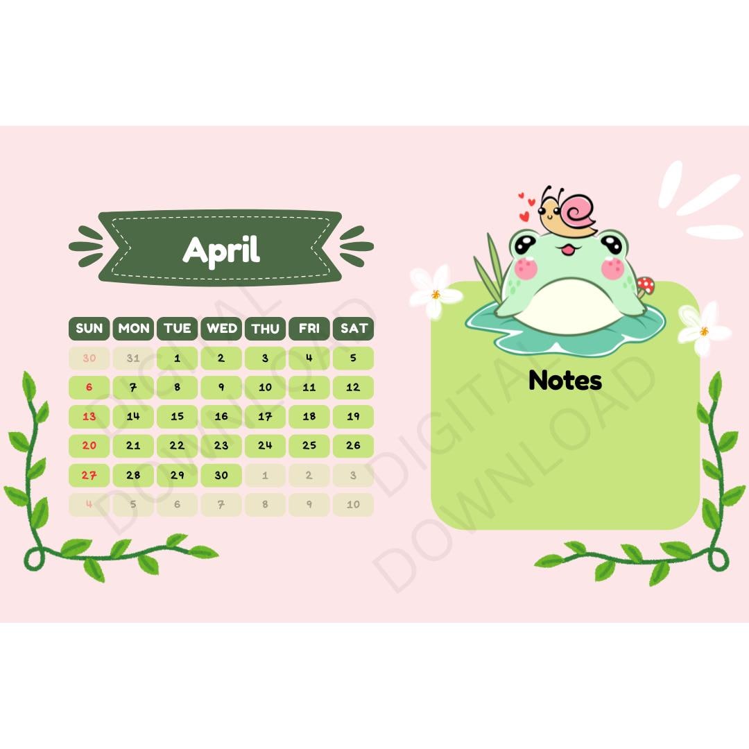 Cute Frog Open Printable Calendar, Digital Download Calendar, Instant ...