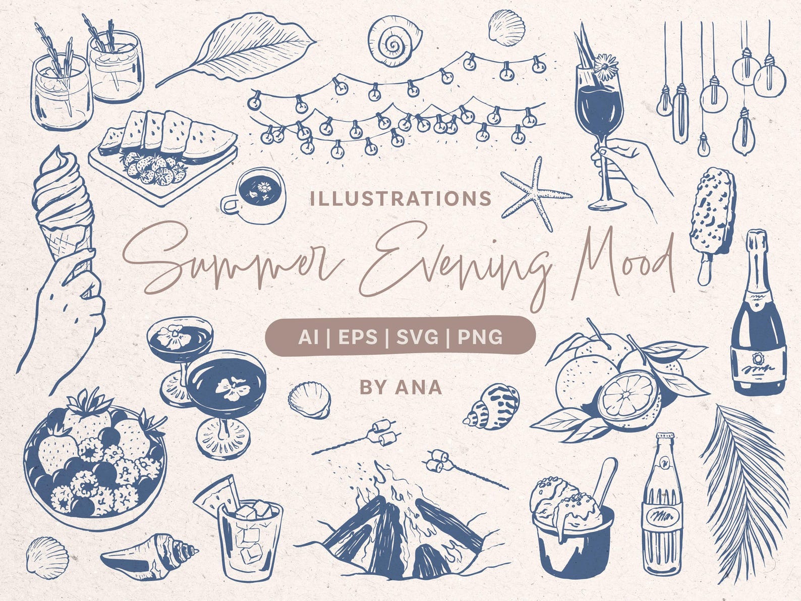 Summer Event Hand Drawn Clipart. Cocktail Illustration Set. Vacation ...