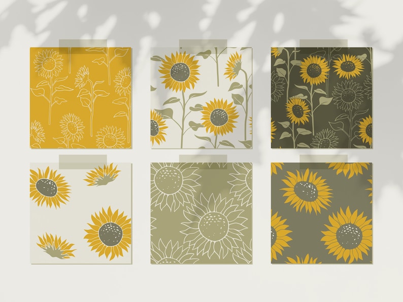 Sunflower Digital Paper Set. Hand-drawn Floral Background. Vintage ...