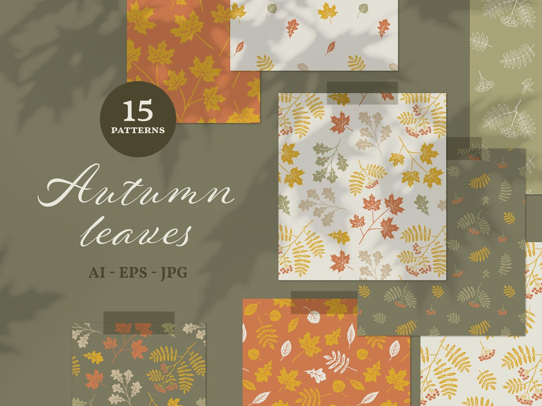 Autumn Leaves Digital Paper Set. Hand-drawn Natural Fall Background ...