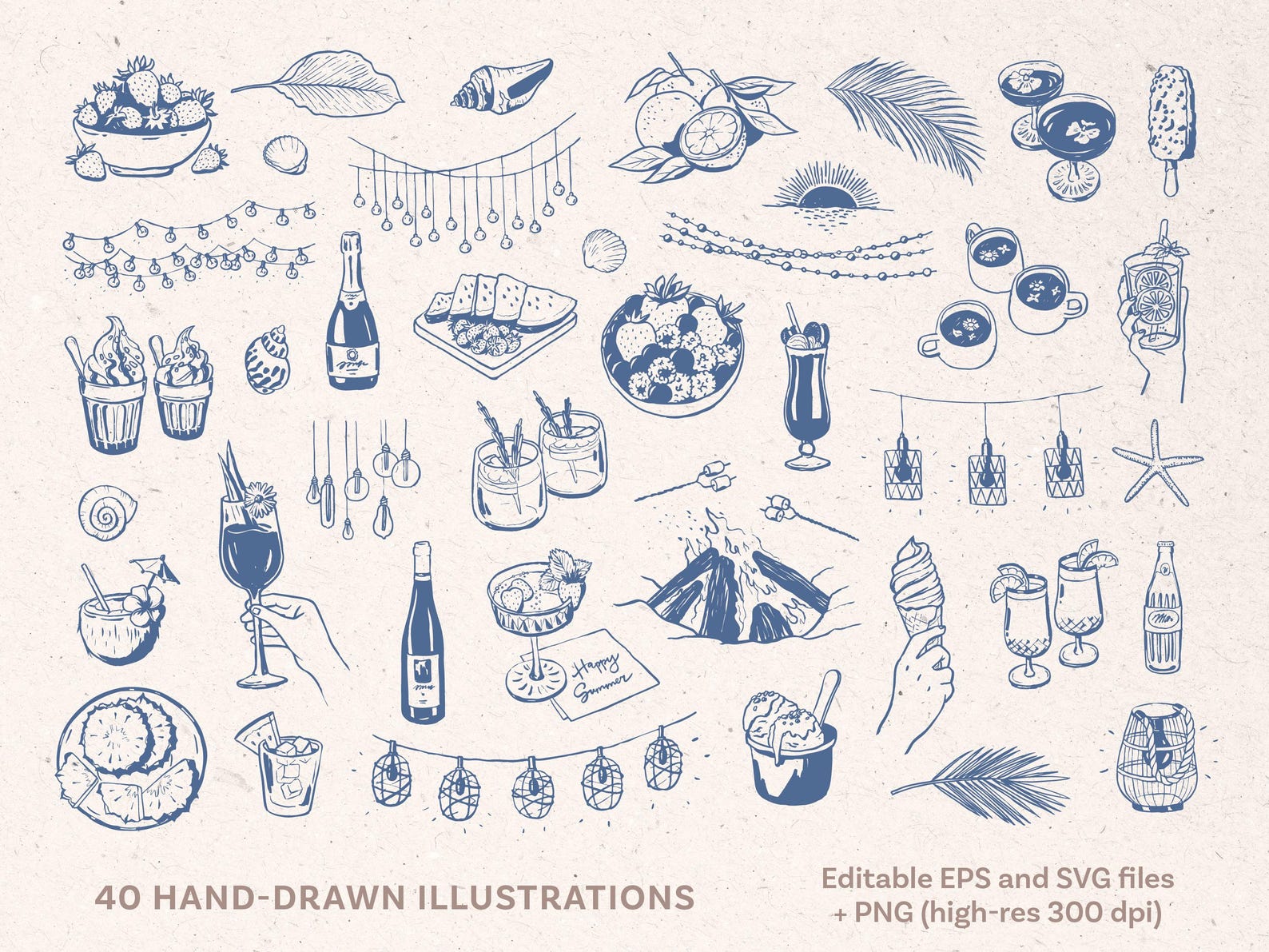 Summer Event Hand Drawn Clipart. Cocktail Illustration Set. Vacation ...