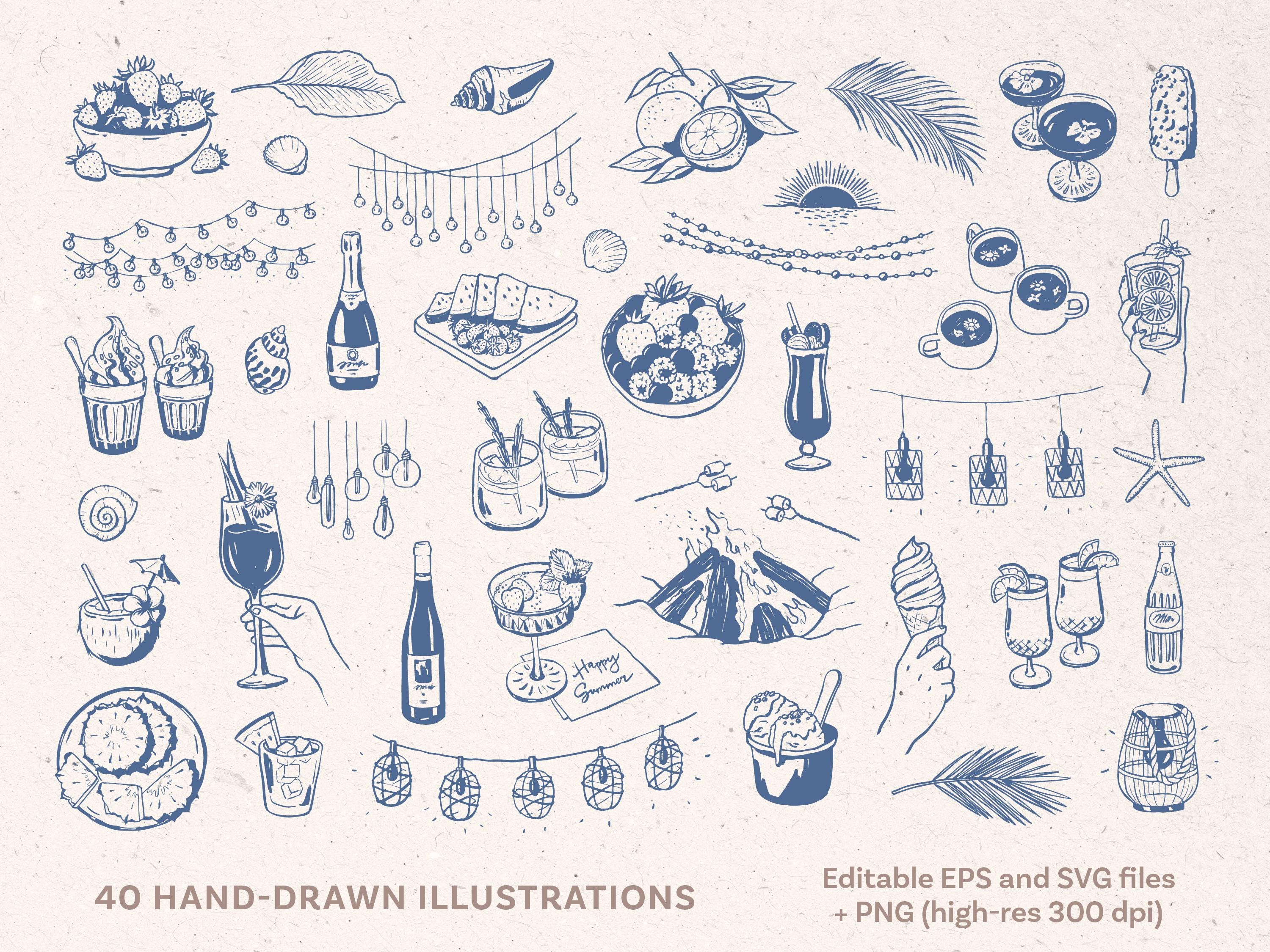 Summer Event Hand Drawn Clipart. Cocktail Illustration Set. Vacation ...