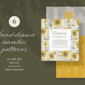 Sunflower Digital Paper Set. Hand-drawn Floral Background. Vintage ...