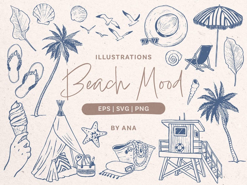 Beach Illustration Clipart Set, Summer Vacation Doodles (EPS, SVG, PNG ...