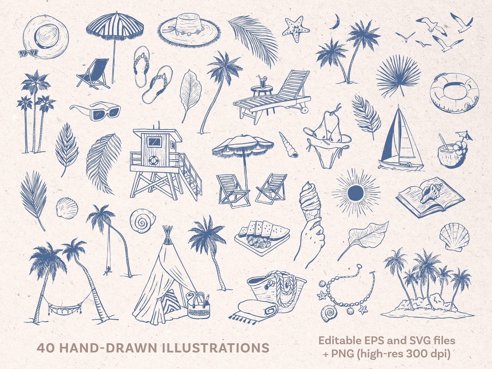 Beach Illustration Clipart Set, Summer Vacation Doodles (EPS, SVG, PNG ...