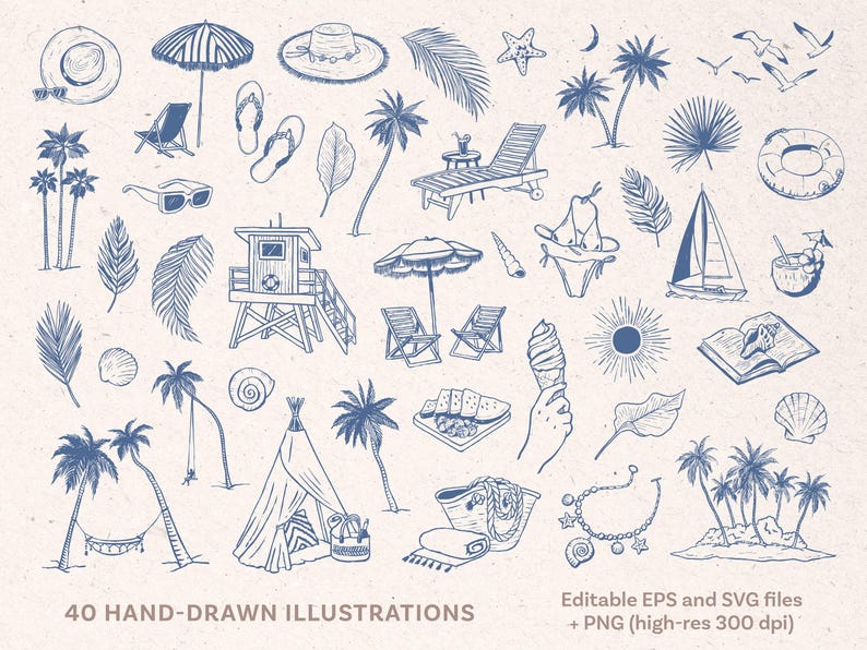 Summer Hand Drawn Clipart. Beach Illustration Set. Coastal Vacation ...