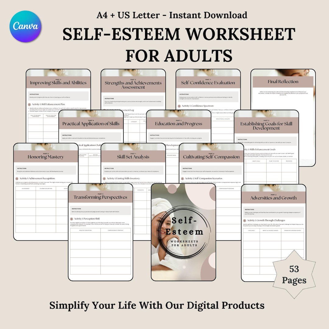 Self Esteem Worksheet, Self Care Worksheet for Adults, Personal Growth ...