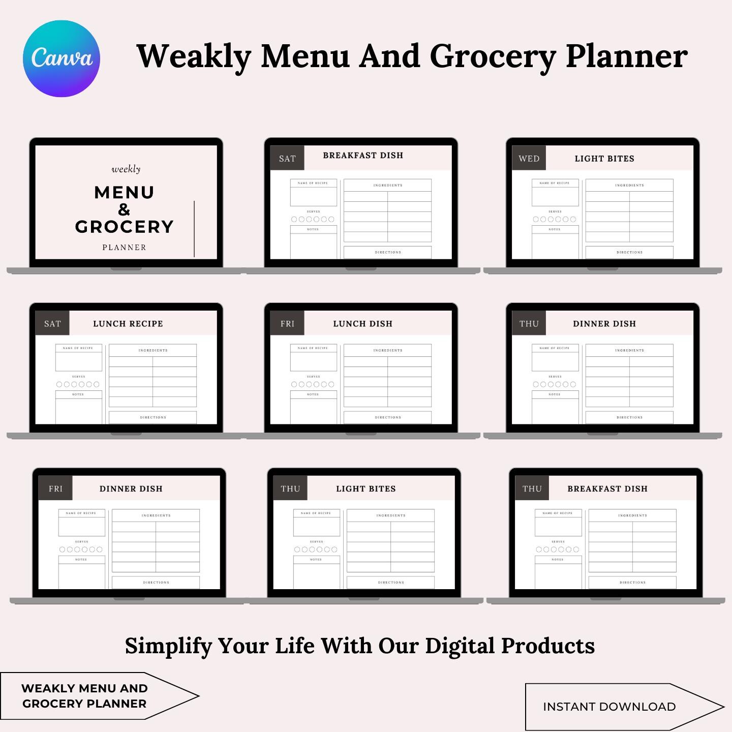 Menu Grocery Template, Meal Planning Template, Grocery Shopping List ...
